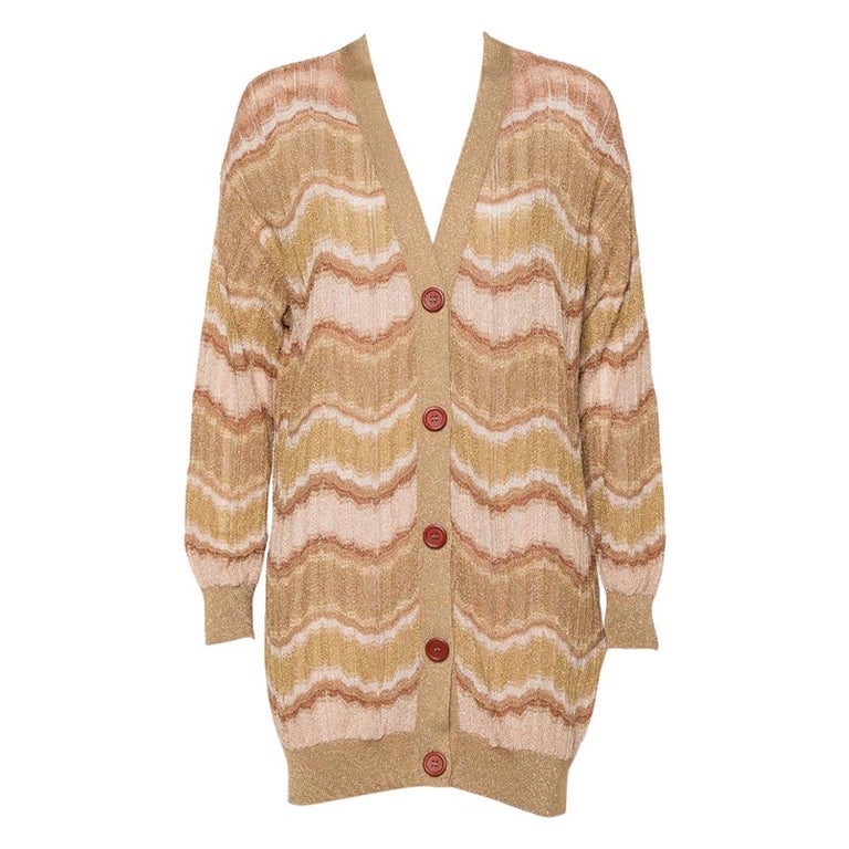 M Missoni Gold Lurex Knit Wave Pattern Button Front Cardigan L at 1stDibs