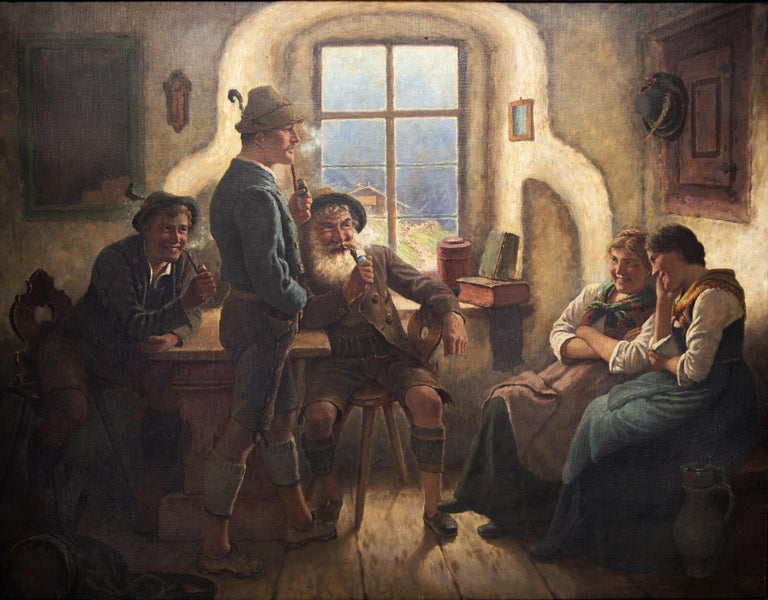 M. Wachsmuth 1890s Oil Painting German Bavarian Tavern Scene Lederhosen ...