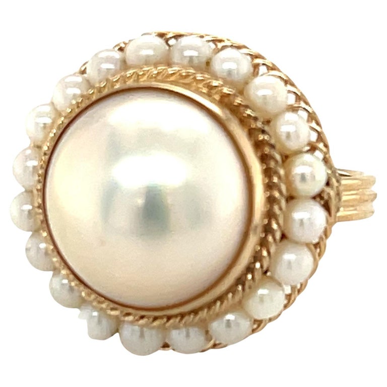 Mabe Pearl and Seed Pearl Handmade Filigree Yellow Gold Cocktail Dome ...