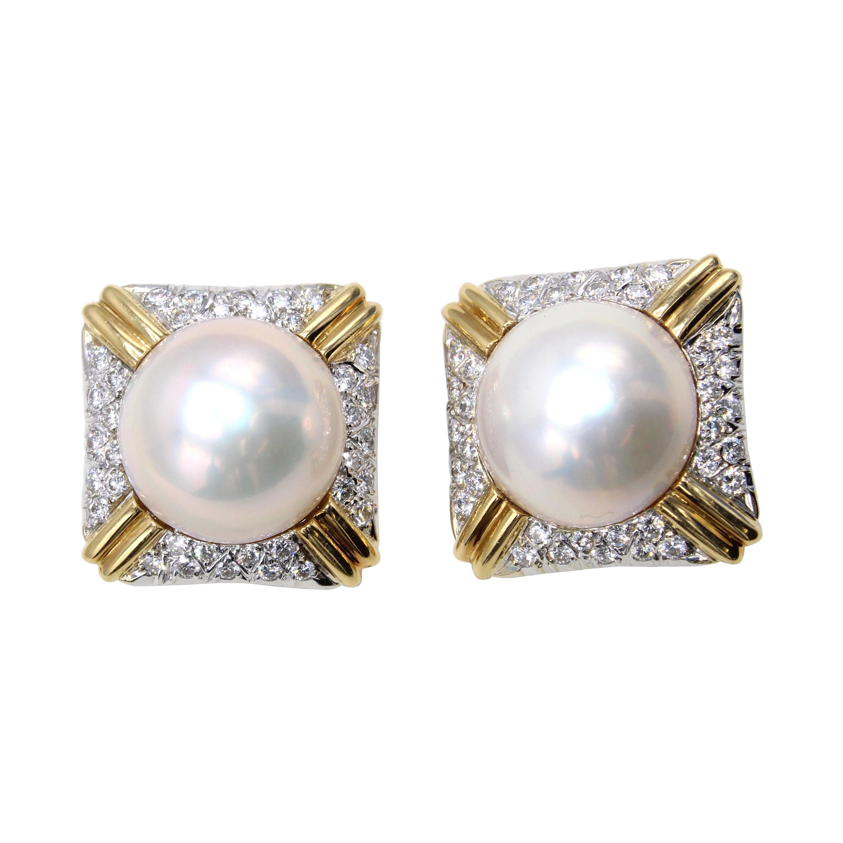 18 Karat Mabe Pearl and Diamond Large Button Earrings For Sale at 1stDibs