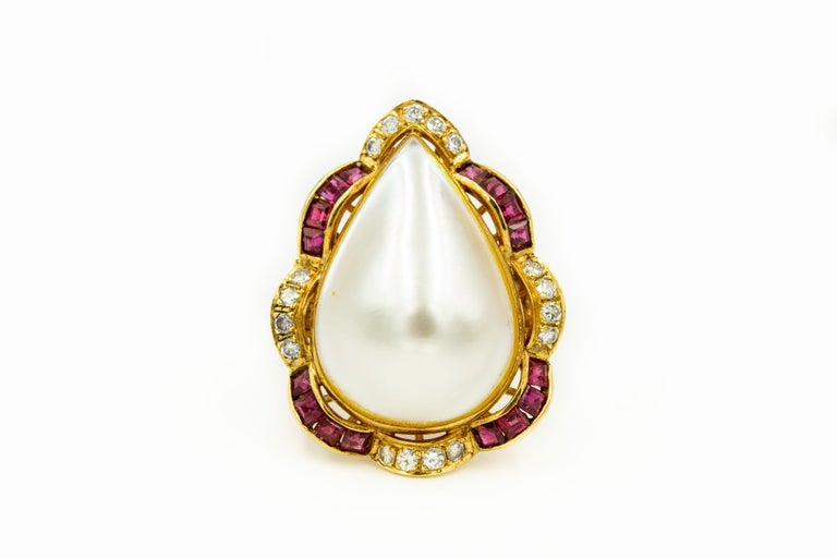 Mabe Pearl Ruby Diamond Gold Ring and Matching Slide Enhancer Pendant ...