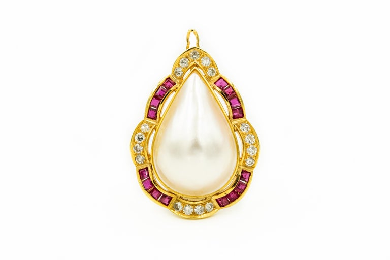 Mabe Pearl Ruby Diamond Gold Ring and Matching Slide Enhancer Pendant ...