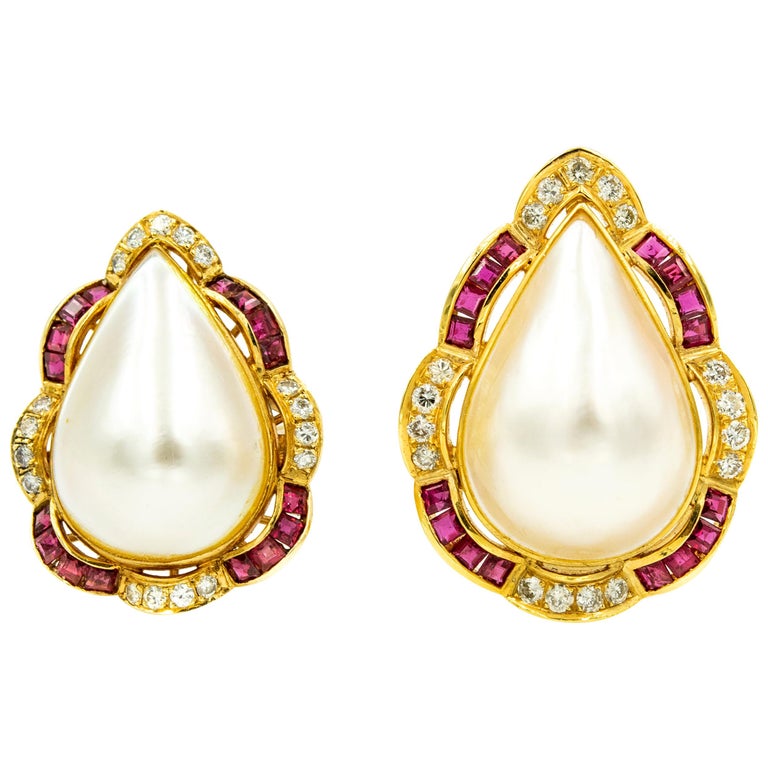 Mabe Pearl Ruby Diamond Gold Ring and Matching Slide Enhancer Pendant ...