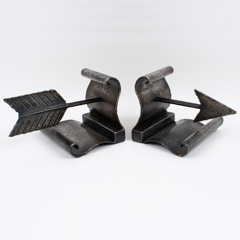 Machine Age French Art Deco Pair of Wrought Iron Bookends Arrow Design ...