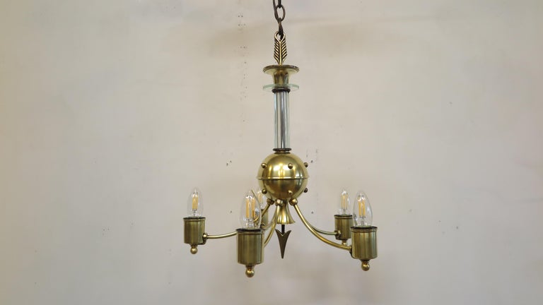 Machine Age Mid Century Brass Atomic Chandelier For Sale at 1stDibs