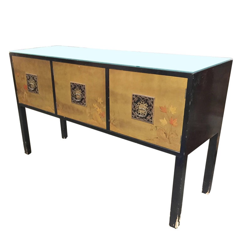 Asian inspired console cabinet with black lacquer body and hand-painted ...