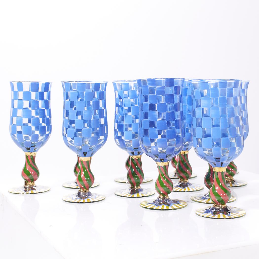 Mackenzie Childs Blue Check Hand Painted Circus Wine Water Glass ...