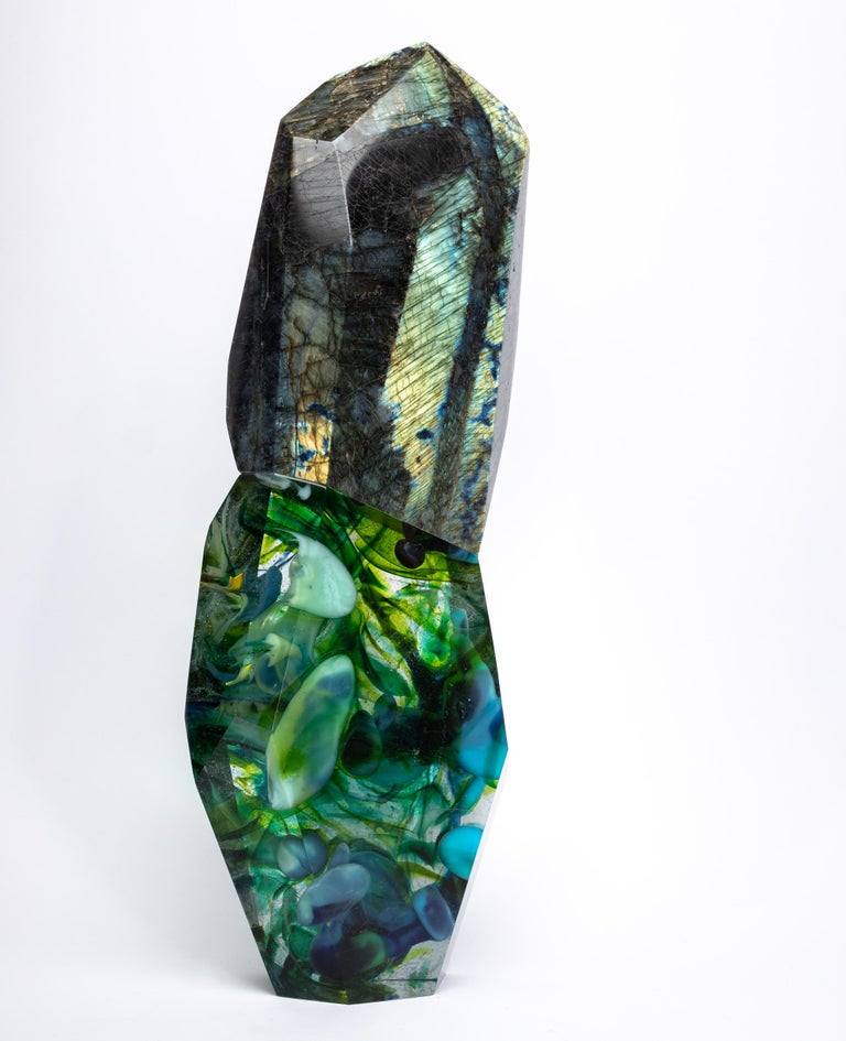 Madagascar Labradorite and Glass Sculpture on Acrylic Base at 1stDibs