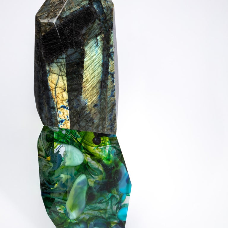 Madagascar Labradorite and Glass Sculpture on Acrylic Base at 1stDibs