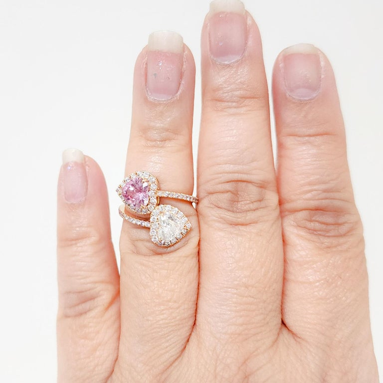 Madagascar Padparadscha Heart and White Diamond Heart Bypass Ring For ...