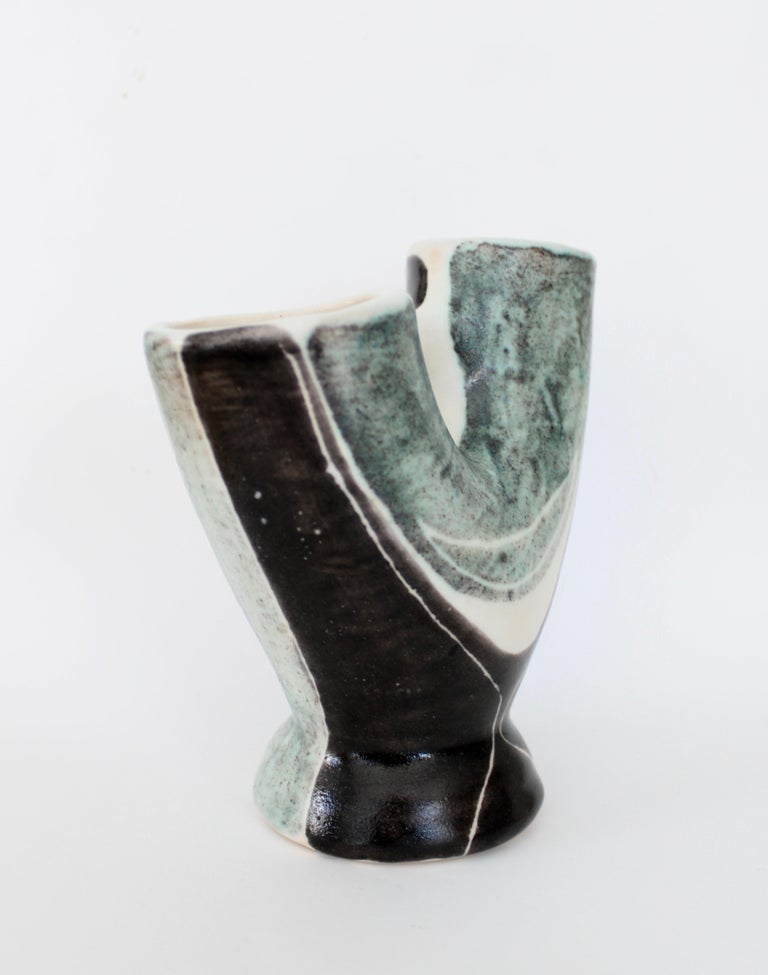 Mado Jolain French Ceramic Double Spout Vase Green and Black Decoration ...