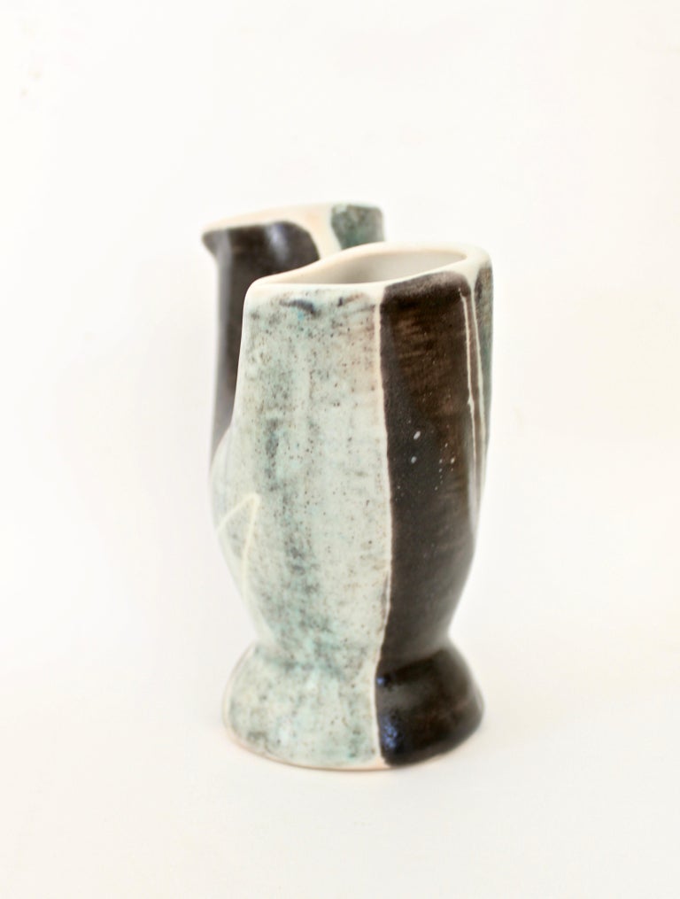 Mado Jolain French Ceramic Double Spout Vase Green and Black Decoration ...