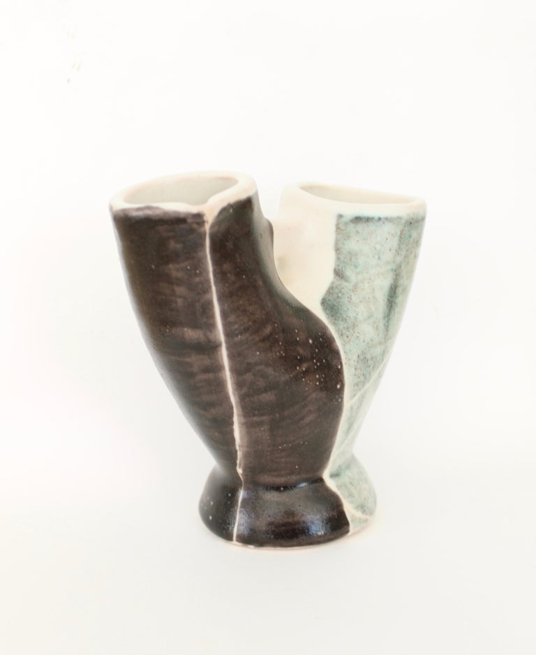 Mado Jolain French Ceramic Double Spout Vase Green and Black Decoration ...