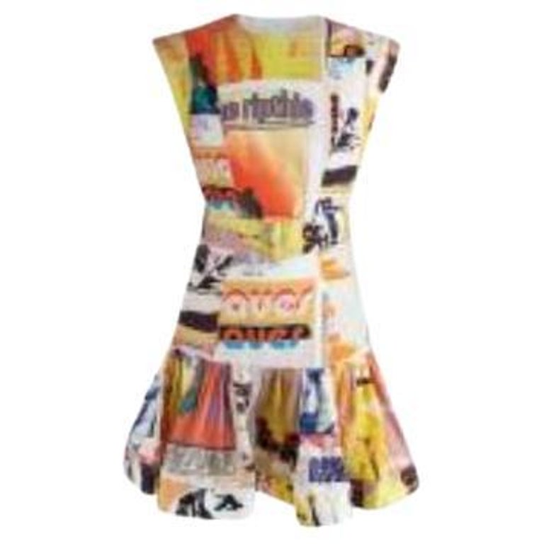Magazine Print Multicoloured Belted Linen Mini Dress For Sale at 1stDibs