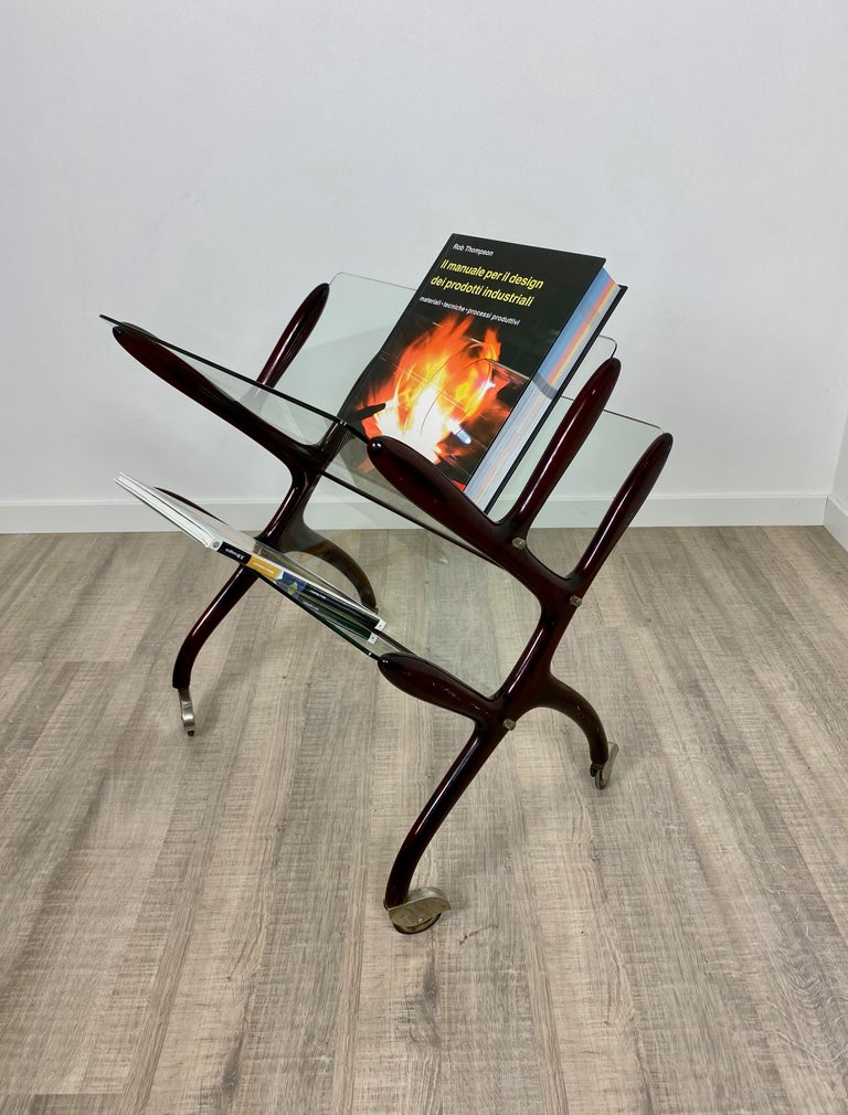 Magazine Rack Cart by Cesare Lacca, Wood and Glass, Italy, 1950s For ...