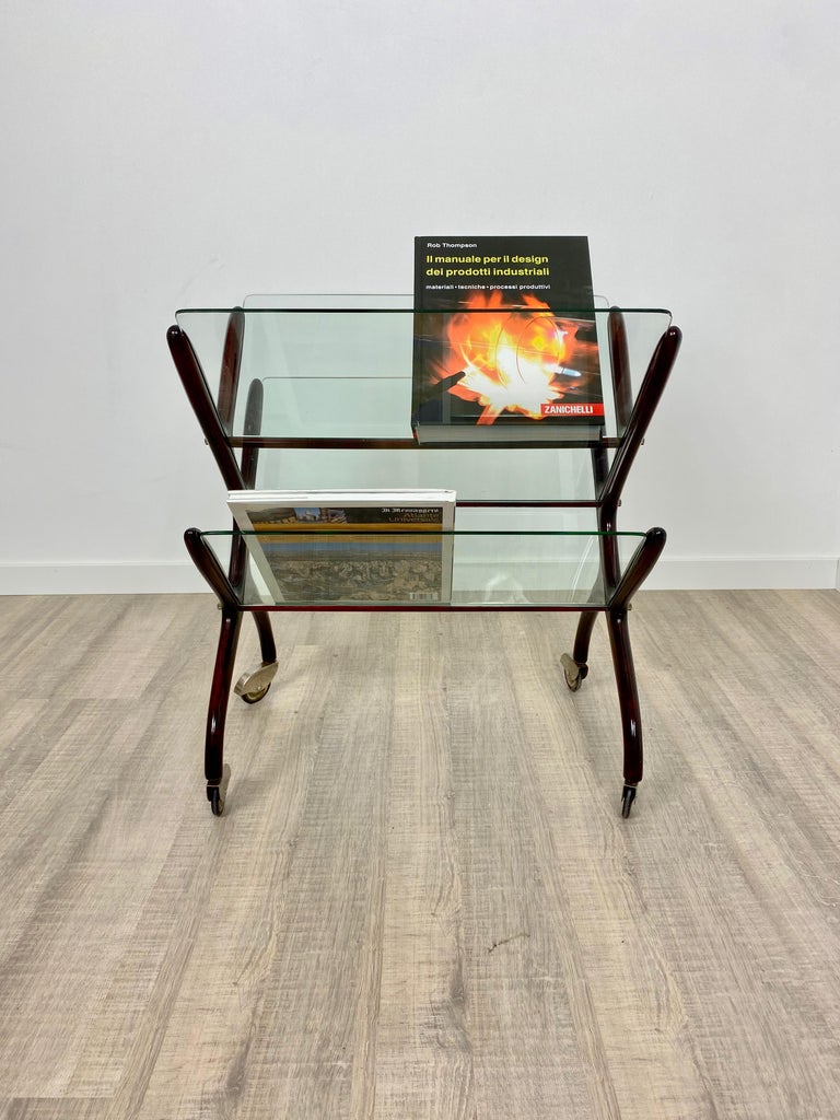 Magazine Rack Cart by Cesare Lacca, Wood and Glass, Italy, 1950s For ...