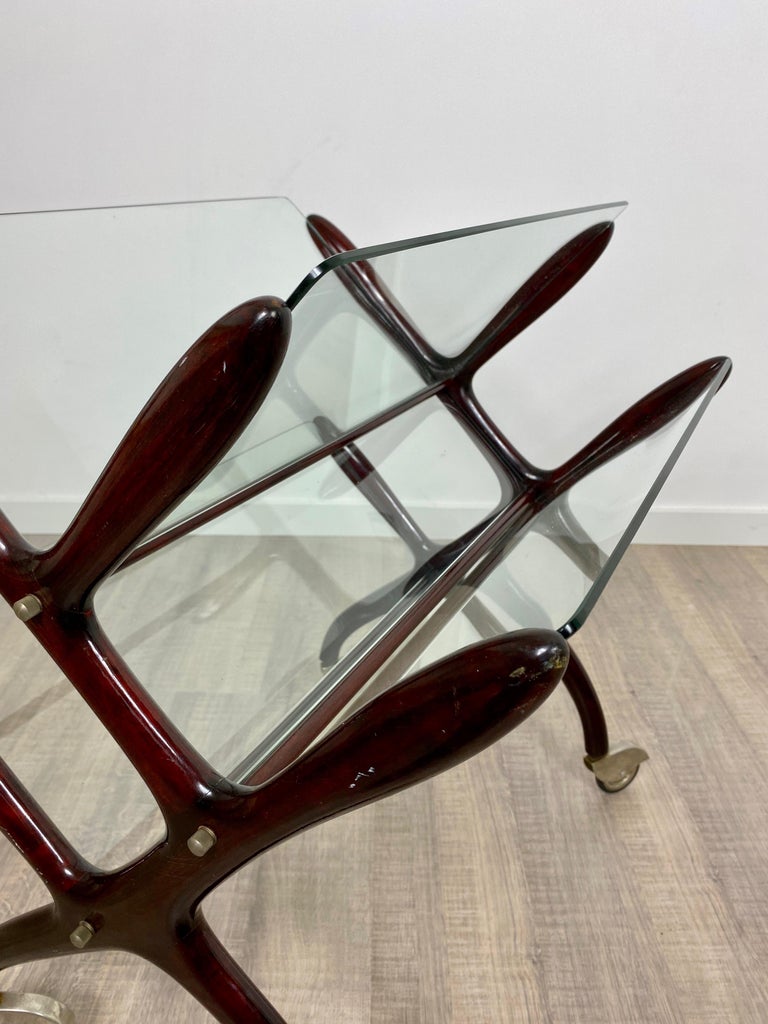Magazine Rack Cart by Cesare Lacca, Wood and Glass, Italy, 1950s For ...