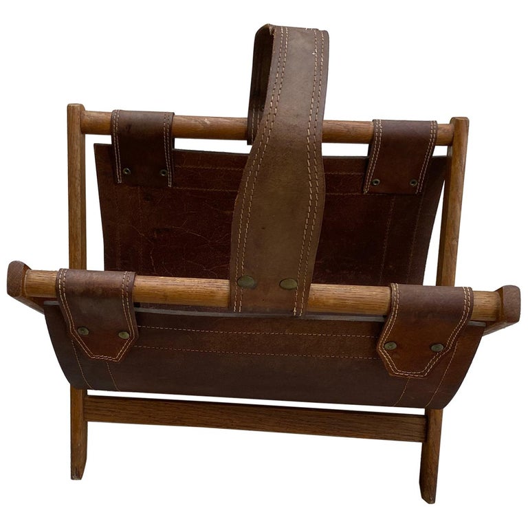 Magazine Rack in Oak and Leather, circa 1950-1960 For Sale at 1stDibs