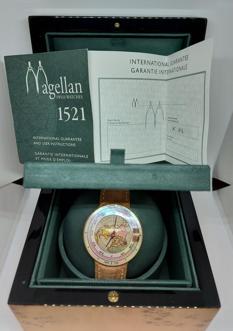 Magellan 1521 World Time Gold Watch Depicting Northern 3D Hemisphere ...