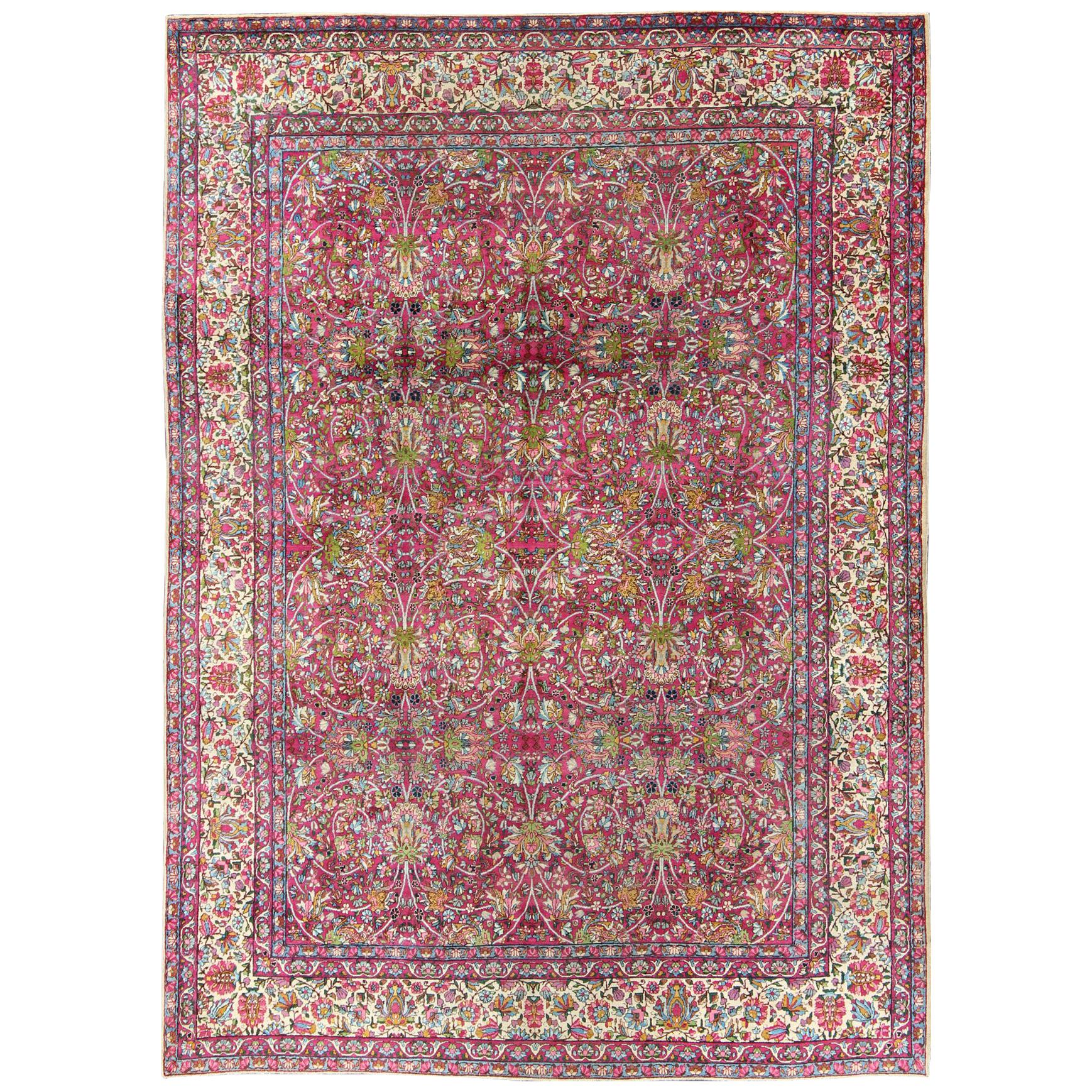 Magenta Antique Persian Lavar Kerman Rug with All-Over Floral Design ...