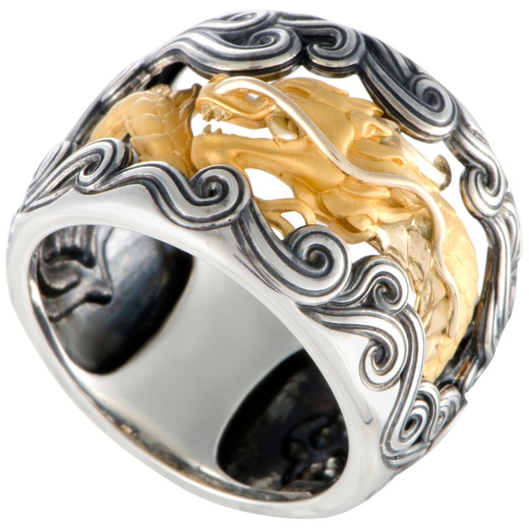 Magerit Leyenda Ciclon 18 Karat Yellow Gold and Silver Dragon Wide Band ...