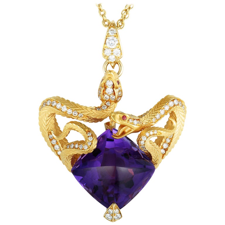 Magerit Mythology Snake Heart Yellow Gold Diamond, Pink Sapphire at 1stDibs