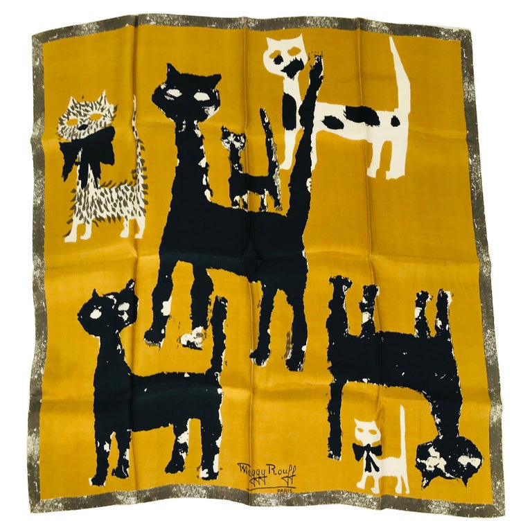 Maggy Rouff The Cats of Paris Silk Scarf in Gold and Black 1960s Art to ...