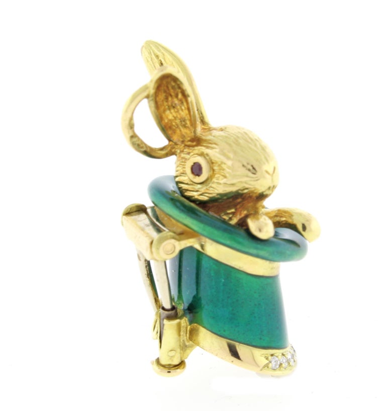 Magic Rabbit Hat, Enamel Gold and Diamond Pendant Brooch at 1stDibs