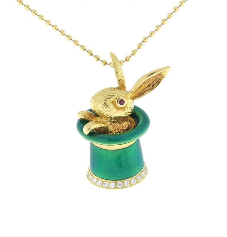 Magic Rabbit Hat, Enamel Gold and Diamond Pendant Brooch at 1stDibs