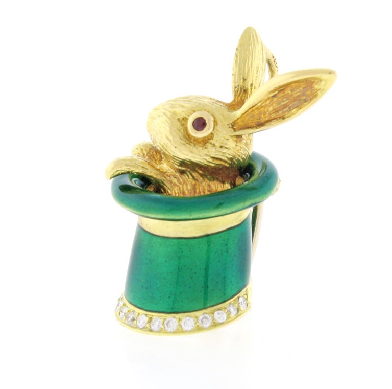 Magic Rabbit Hat, Enamel Gold and Diamond Pendant Brooch at 1stDibs