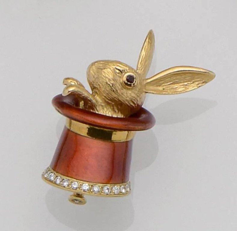 Magic Rabbit Hat-Trick Diamond and Gold Brooch at 1stDibs | rabbit hat ...