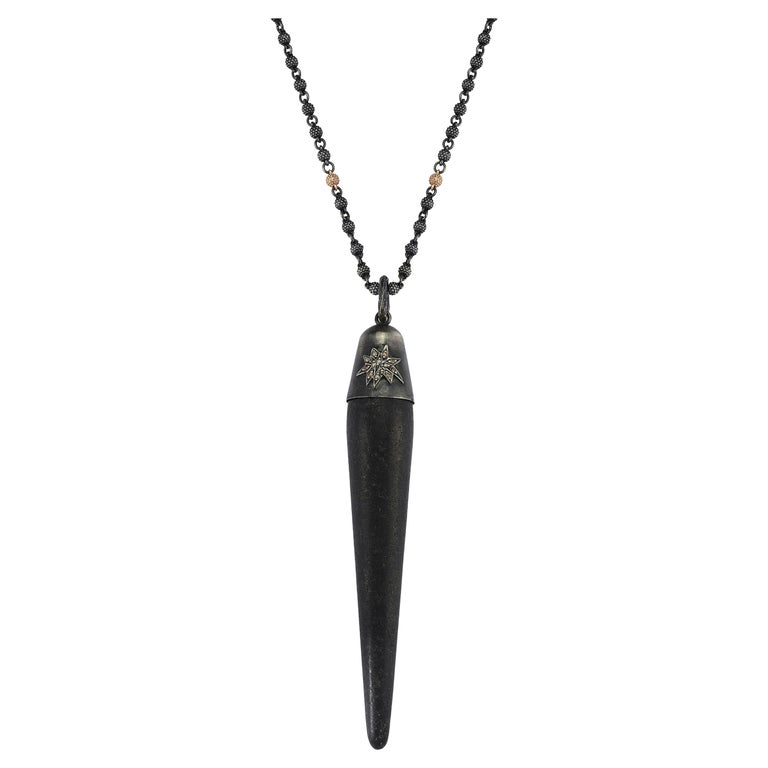 Oxidised Silver and Diamond Hand Carved Obsidian Obelisk Necklace For ...