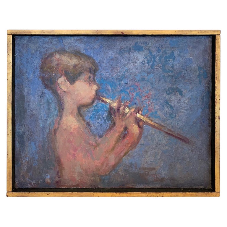 Magical Painting of Boy Playing a Flute For Sale at 1stDibs