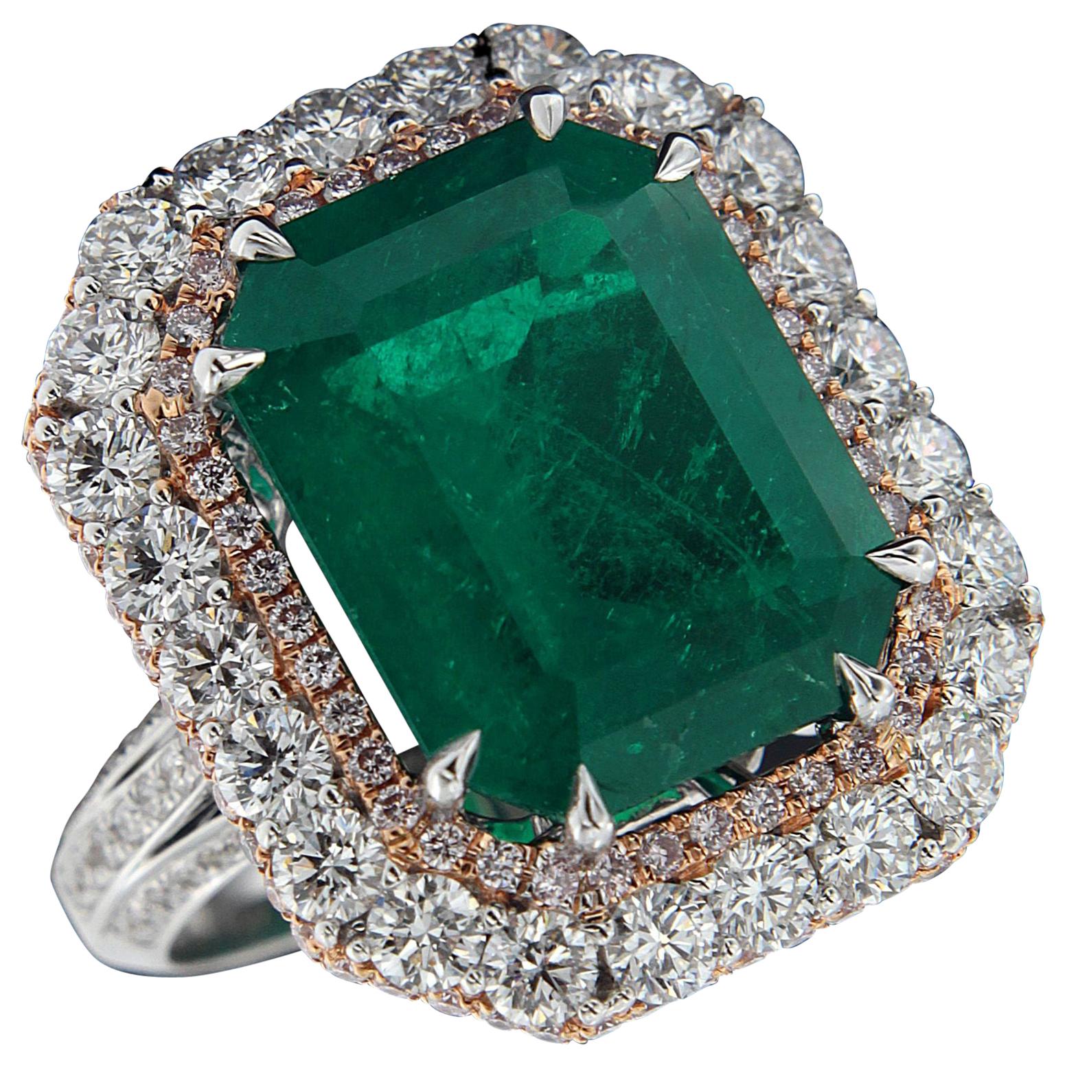 Magnificent 18 Karat White Gold and Pink Gold, Diamond and Emerald Ring ...