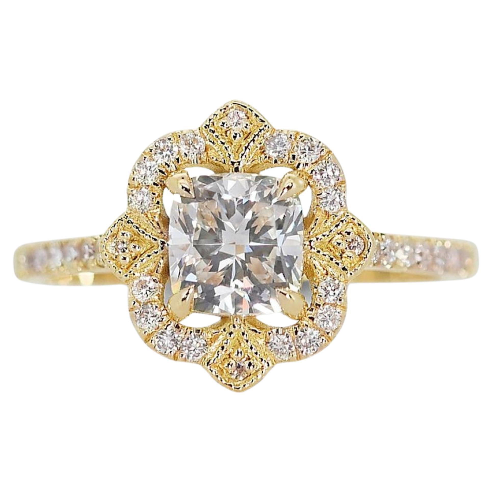 Magnificent 18k Yellow Gold Ring with 1.01ct. Cushion Shape Diamond ...