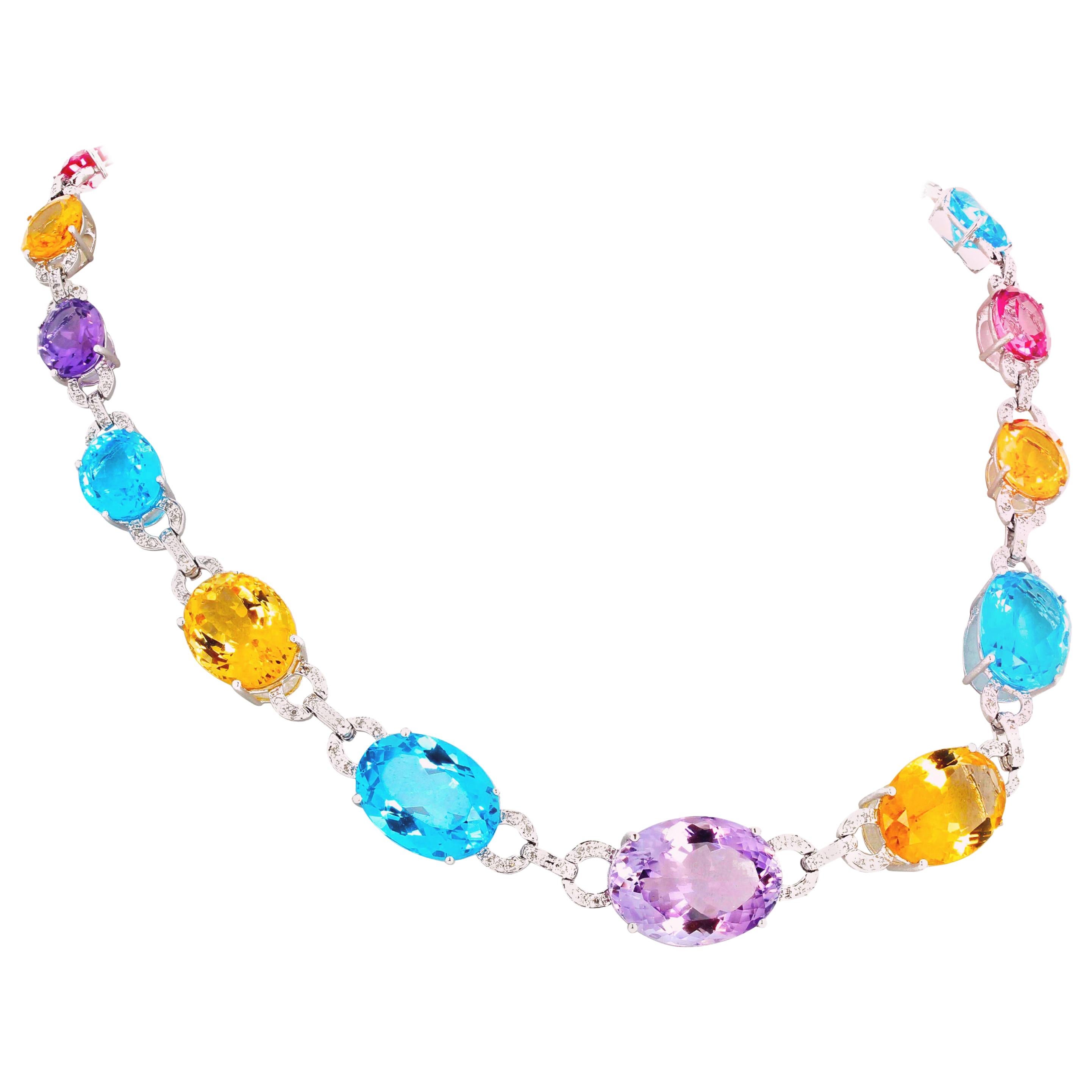 Multi-Color Gemstone Diamond Gold Necklace For Sale at 1stDibs