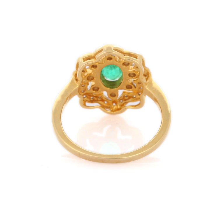 Customizable Big Floral Oval Cut Emerald and Diamond Cocktail Ring in 18K Yellow Gold For Sale ...