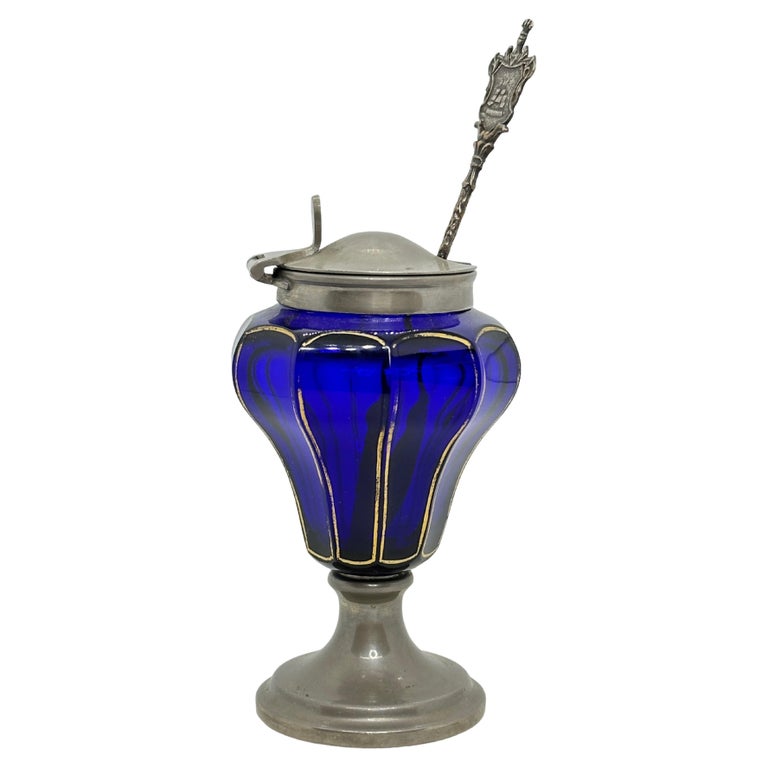 Magnificent Gilded Blue Glass and Pewter Mustard or Marmalade Pot ...