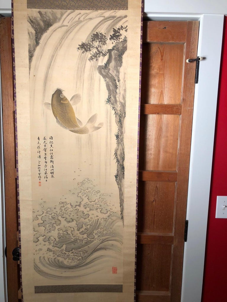Magnificent Koi Fish Japanese Antique Hand-Painted Silk Scroll, Meiji ...