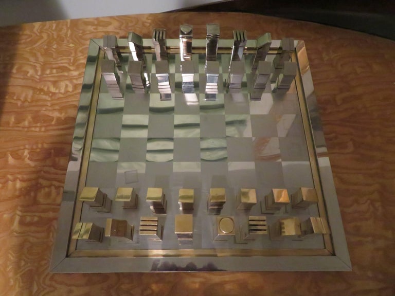 Magnificent Romeo Rega Brass Chrome Chess Set with Board Mid-Century ...