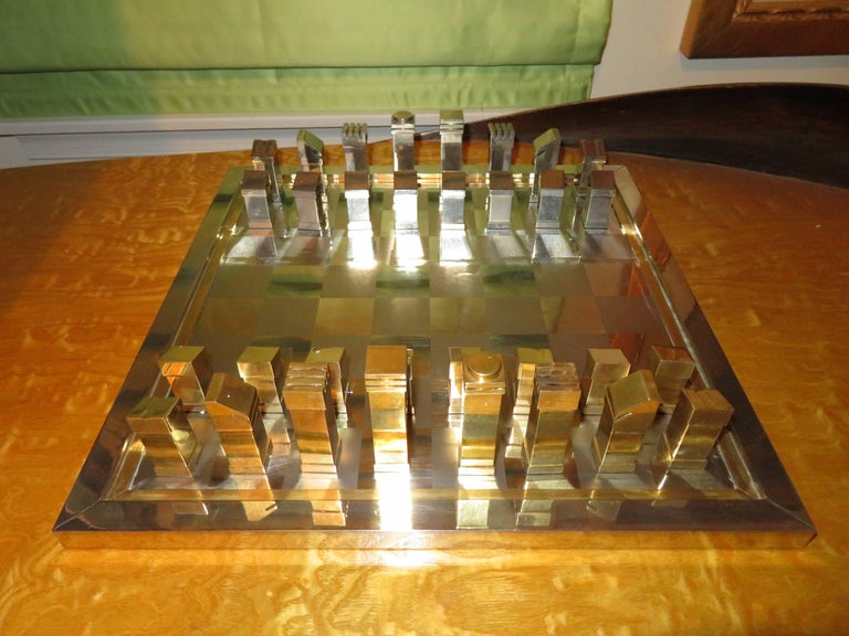 Magnificent Romeo Rega Brass Chrome Chess Set with Board Mid-Century ...