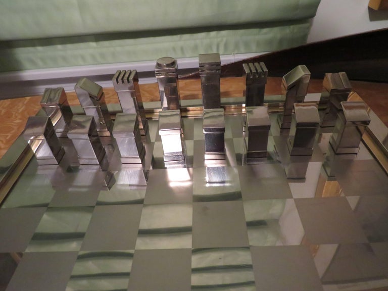 Magnificent Romeo Rega Brass Chrome Chess Set with Board Mid-Century ...