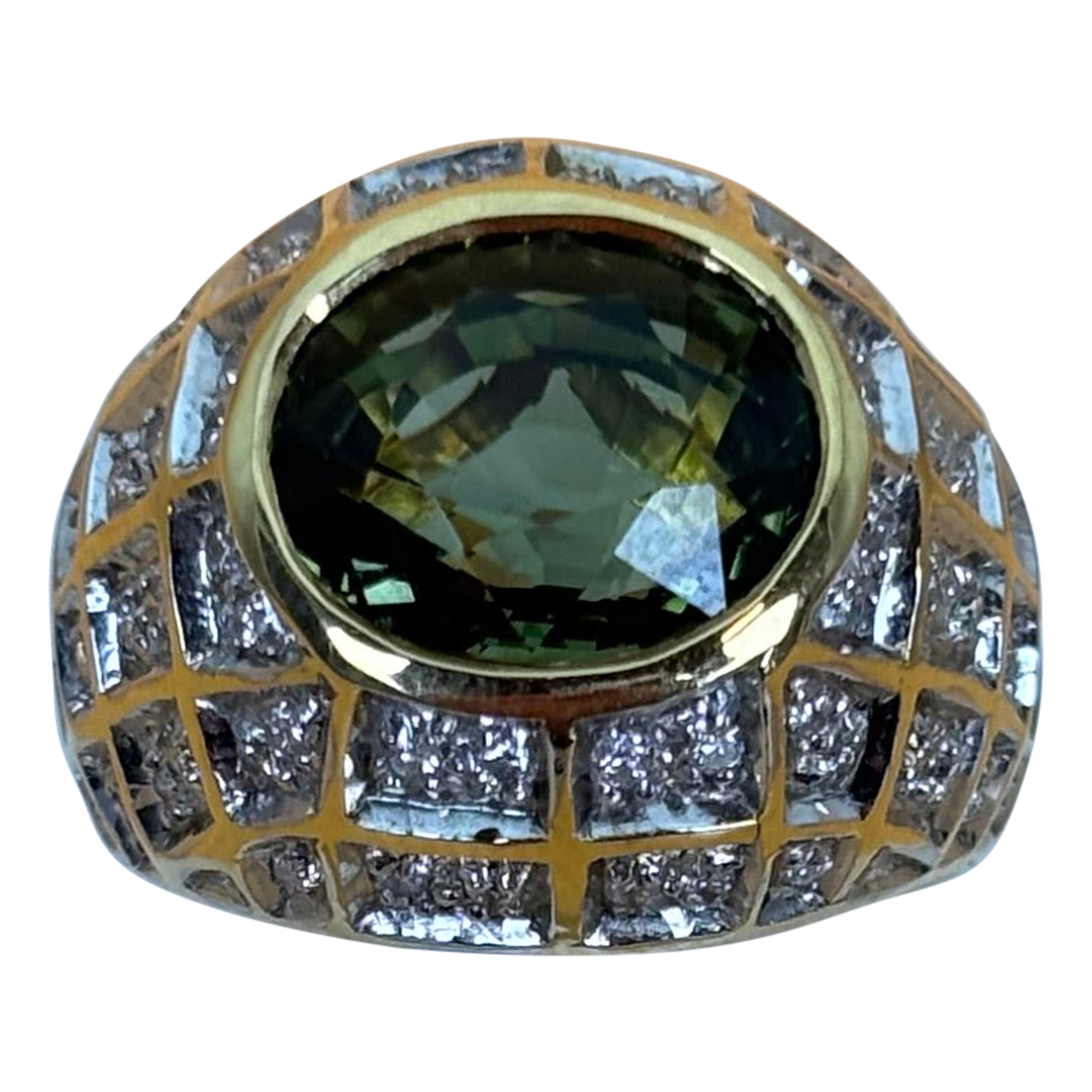 Magnificent Vintage 18K Yellow Gold Green Tourmaline and Diamond Ring ...