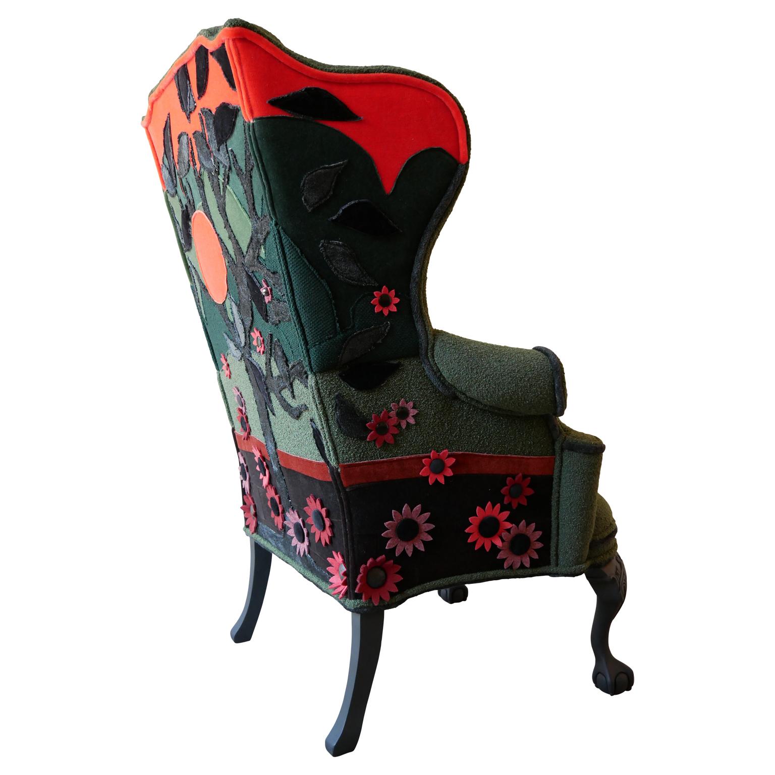 "Magritte Sunset II" Green and Red Wingback Armchair by Mary Beth ...