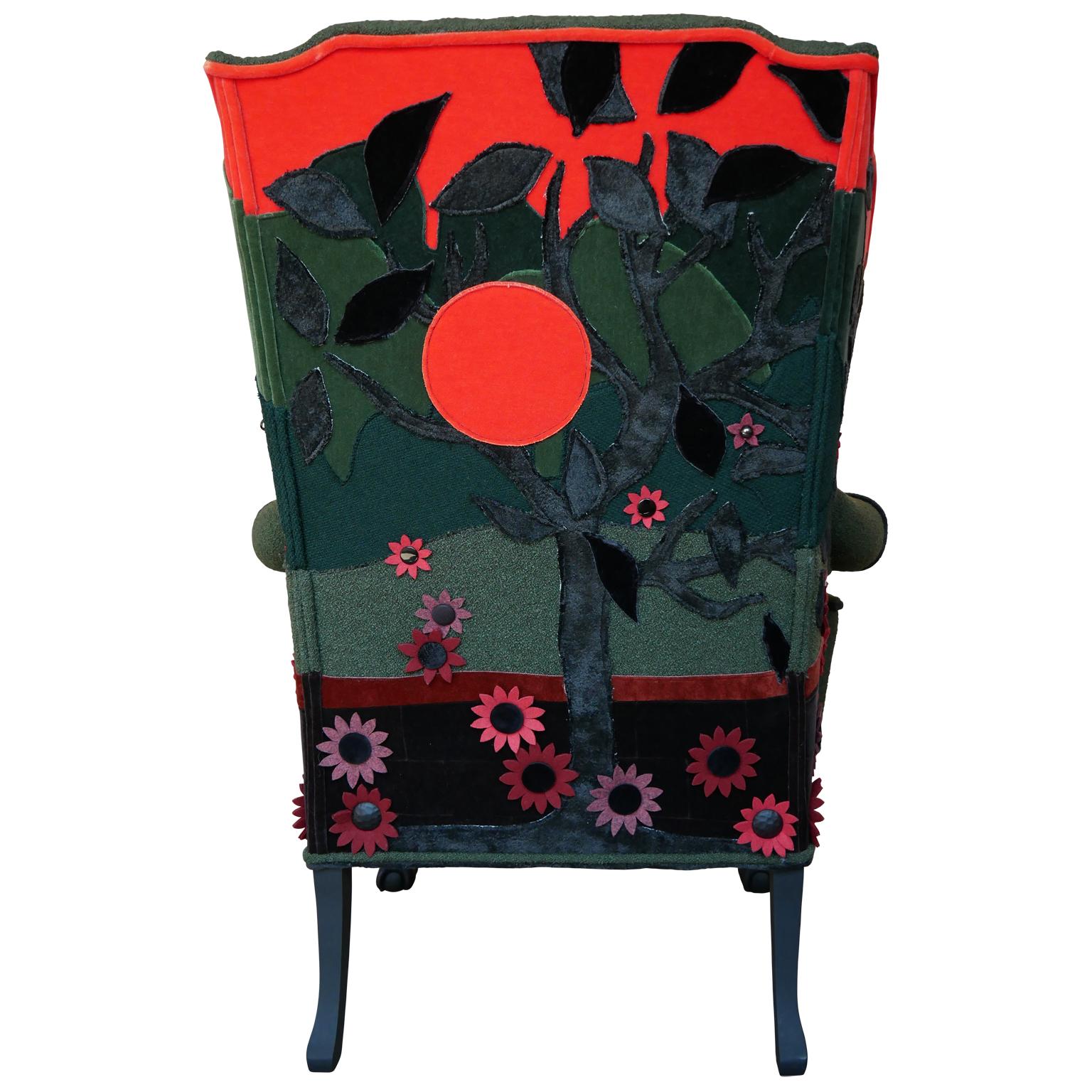 "Magritte Sunset II" Green and Red Wingback Armchair by Mary Beth ...