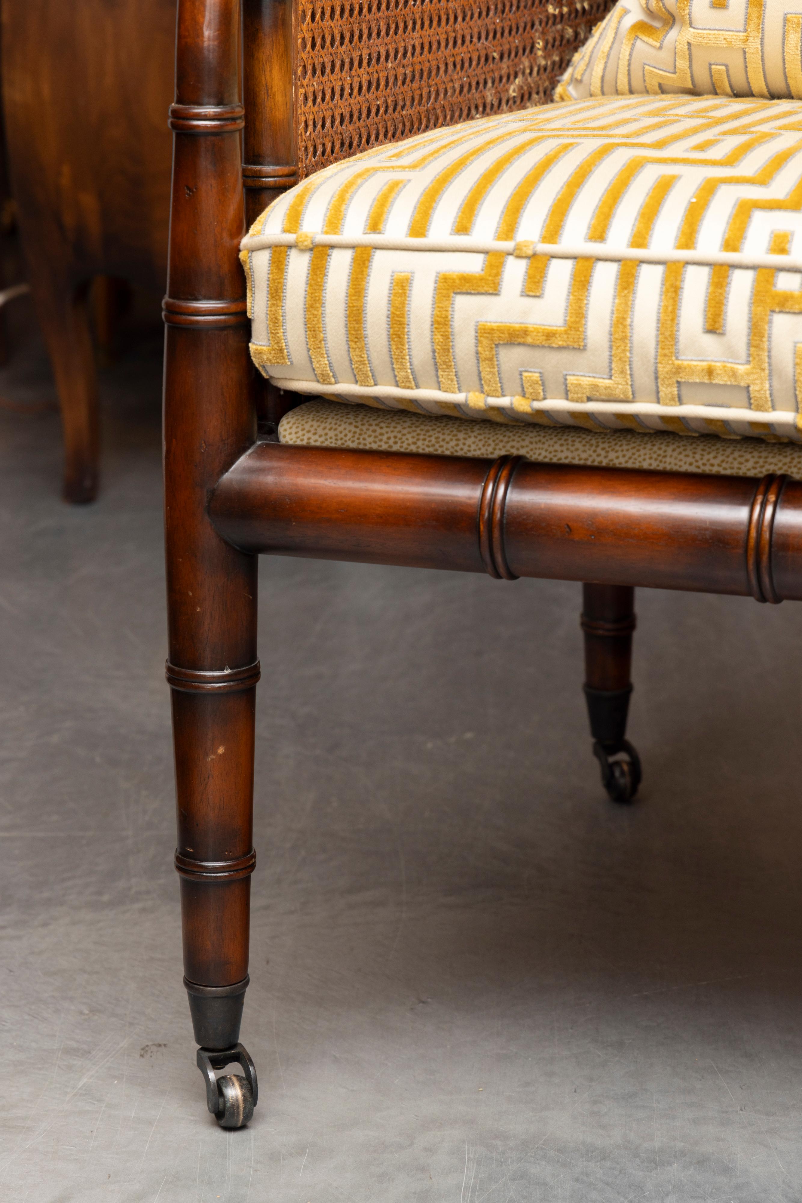 Mahogany Faux Bamboo Caned Arm Chair with Cushions (Pair Available) For ...