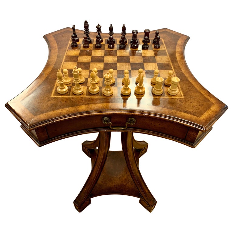 Mahogany Game Table with Full Chess Set Queen's Gambit at 1stDibs