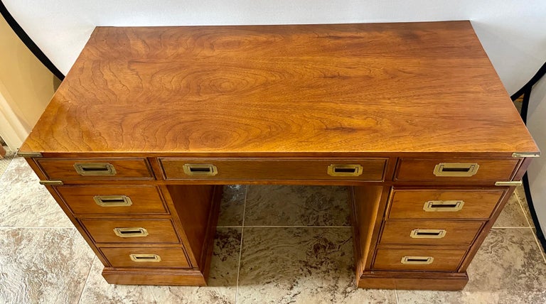 Mahogany Iconic Campaign Style Kneehole Partners Desk For Sale at 1stDibs