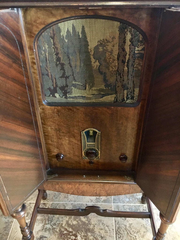 Mahogany Philco 1920s Music Radio Cabinet with Needlepoint and Carved ...