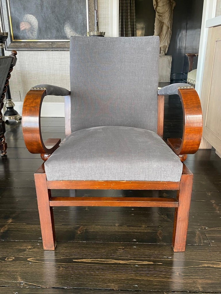 Mahogany Wood Framed with Grey Upholstery Pair Side Chairs, Italy, Mid ...